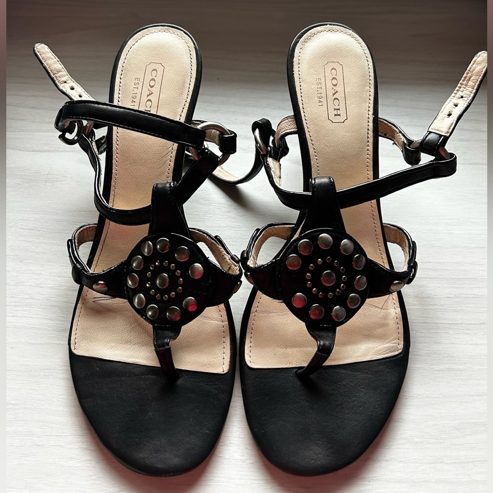Coach Wedge Heels Sandals Black Leather Slingback Siz… - Gem